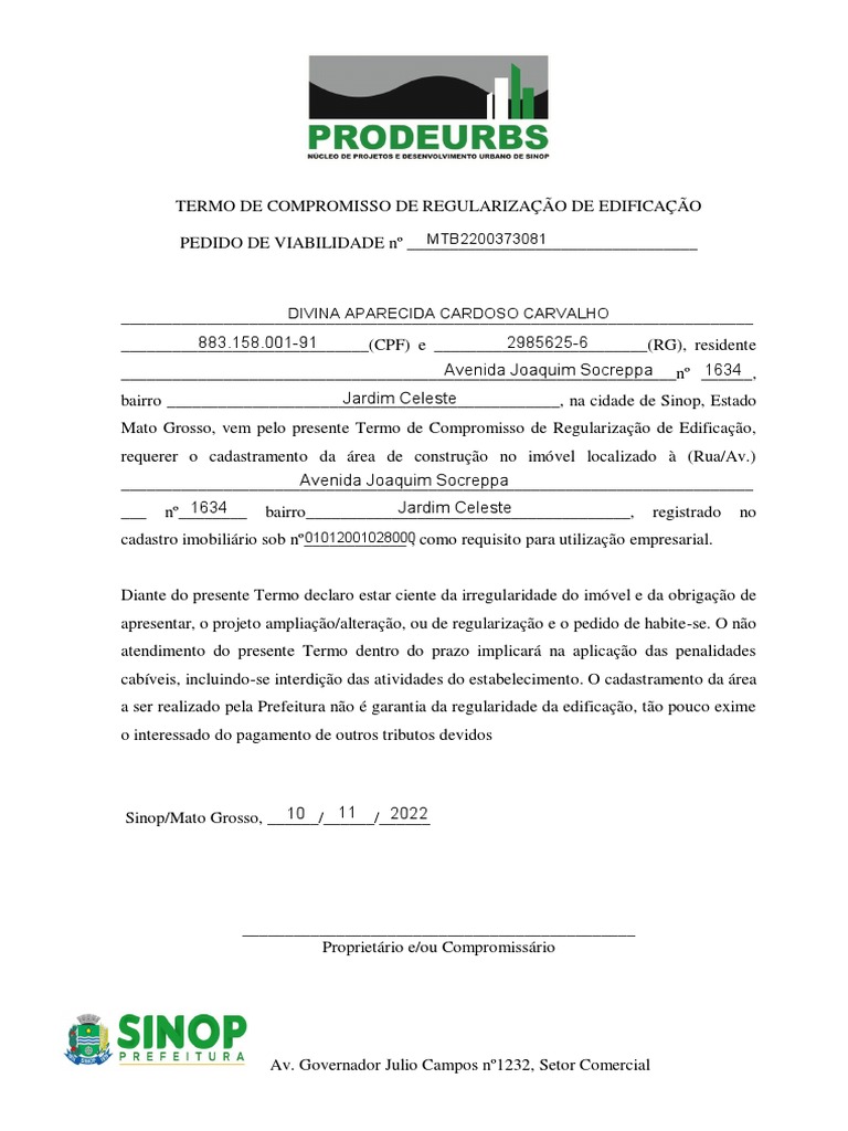 Termo de Compromisso de Regularização de Edificação - Preenchido ...