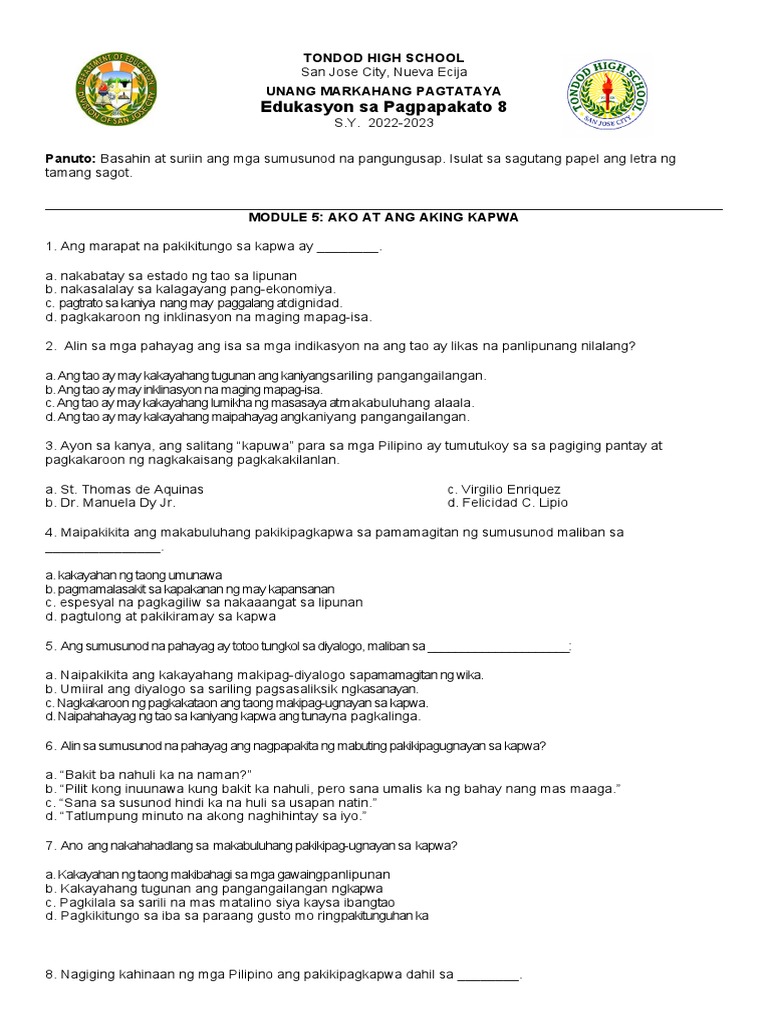 ESP 8 2nd Quarter Exam | PDF
