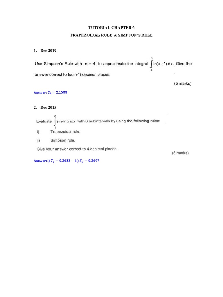 MAT538 Tutorial 6 (Chapter 6-Trapezoidal and Simpson - S Rule) | PDF