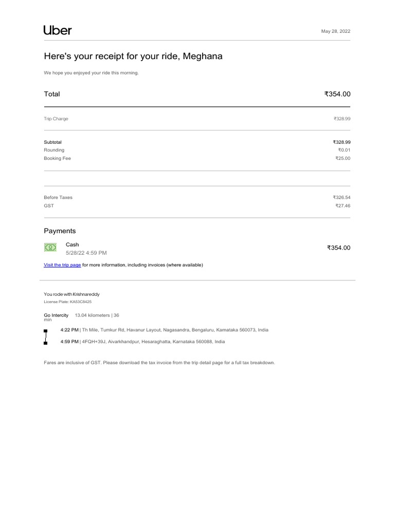 Meghana Uber Bill | PDF