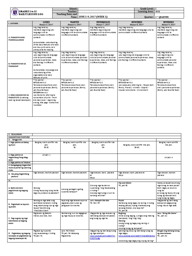 Daily Lesson Log for Grade 1 Oral Language Skills | PDF | Behavior ...