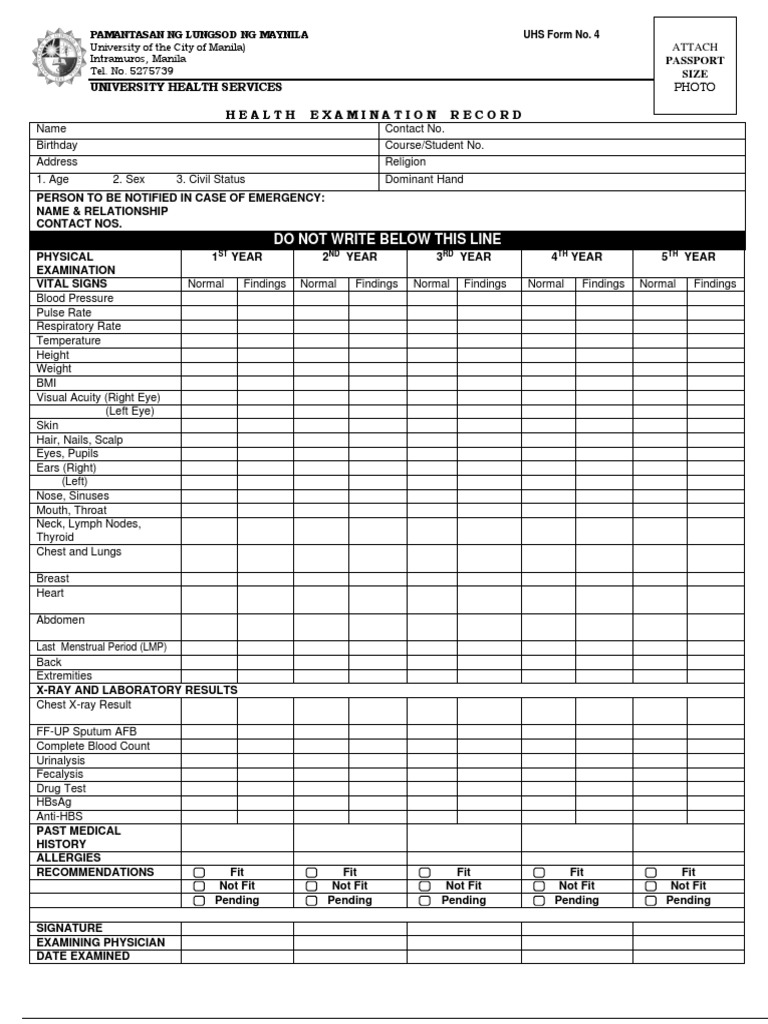 UHS Form No. 4 Health Examination Record - FORM | PDF | Vaccines ...