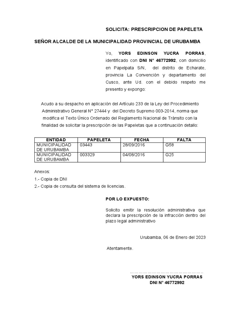 Solicito Prescripcion de Papeleta | PDF