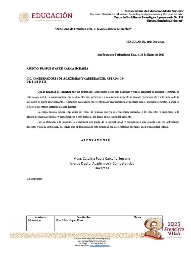 Propuesta de carga horaria para el próximo semestre en el CBTA No. 134 ...