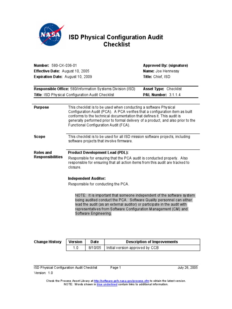 Physical Configuration Audit Checklist | PDF | Audit | Specification ...