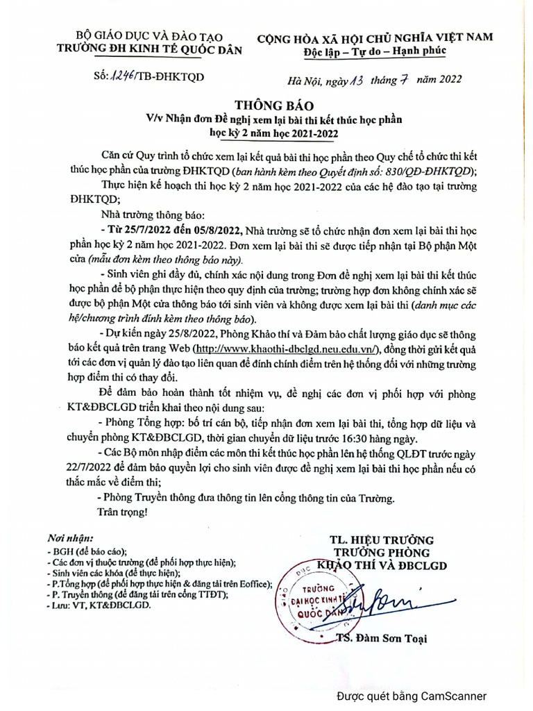 1246-TB-ĐHKTQD-13-7-2022 - TB Xem L I Bai Thi KTHP HK 2 Năm Hoc 2021-2022 | PDF