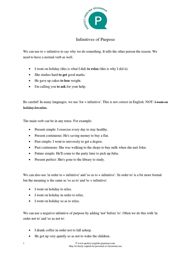 Infinitives of Purpose | PDF | Verb | Language Mechanics