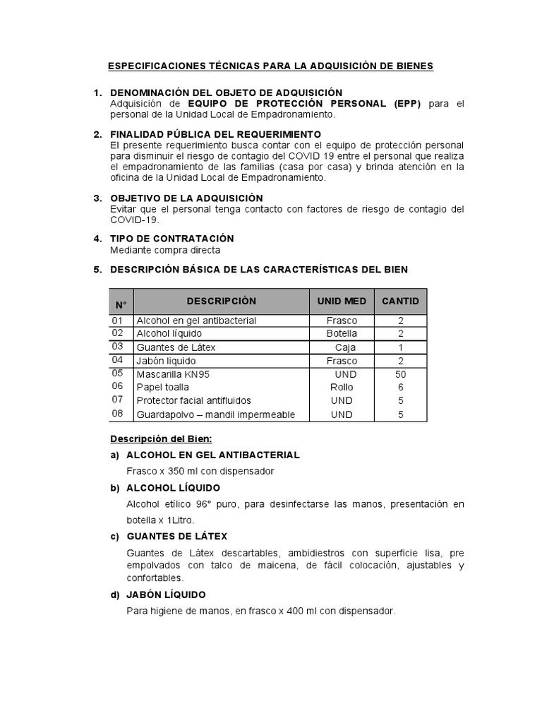 Modelo de Especificaciones Técnicas para La Adquisición de Bienes | PDF | Higiene