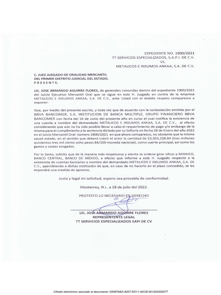 Escrito de Embargo o Bloqueo de Cuenta Banco de Mexico | PDF