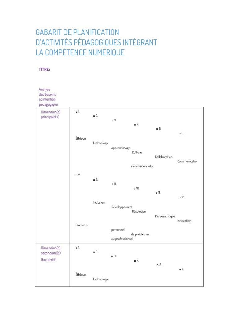 Gabarit de Planification D'activités Pédagogiques | PDF | Pédagogie | Planification