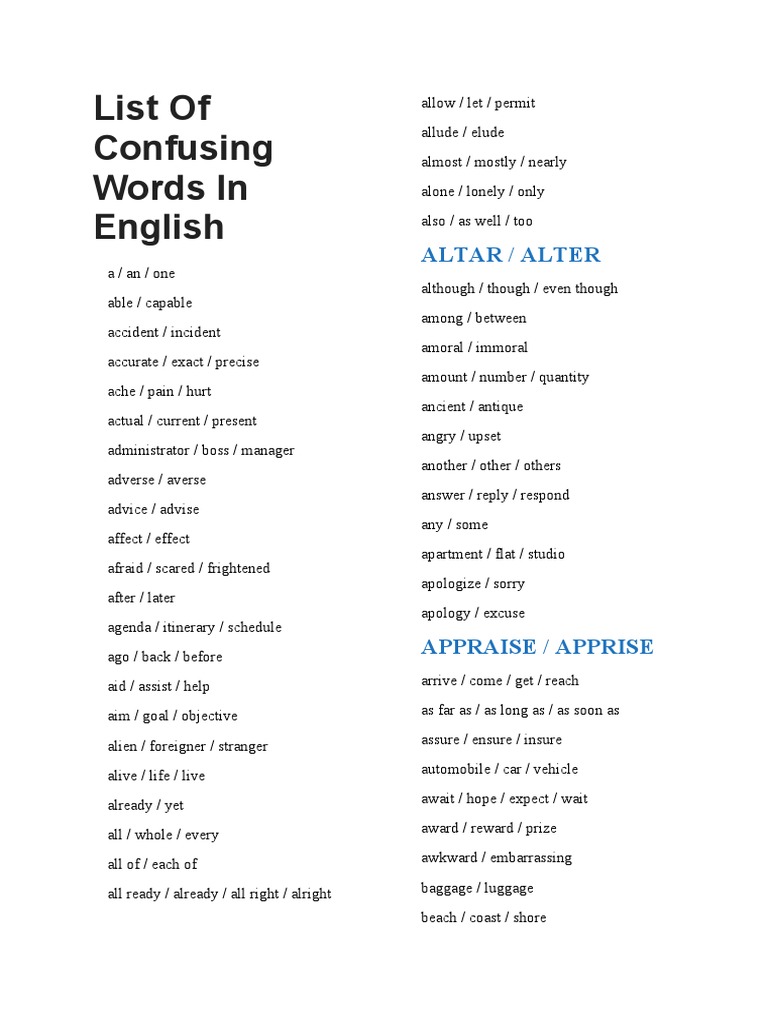 Confusing Words in English List | PDF