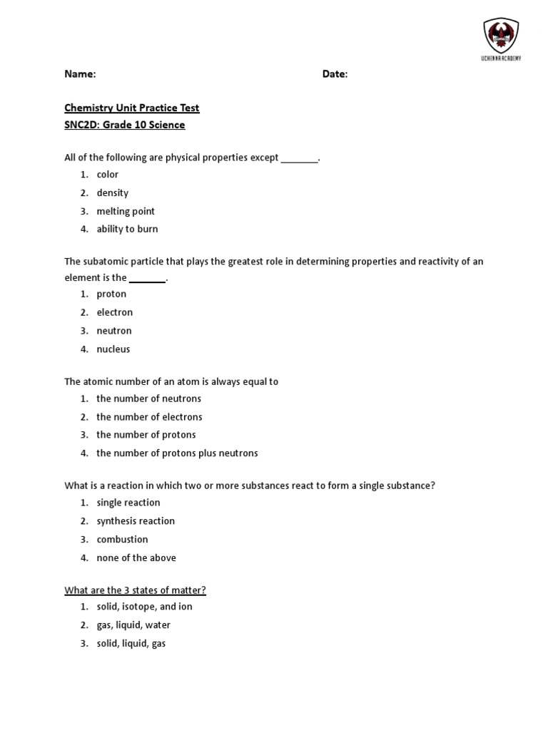 Grade 10 Chemistry Practice Test | PDF | Chemical Reactions | Hydroxide