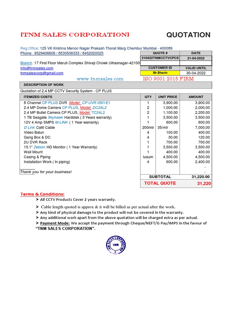 Quotation of CCTV Work CP Plus - With Casing | PDF