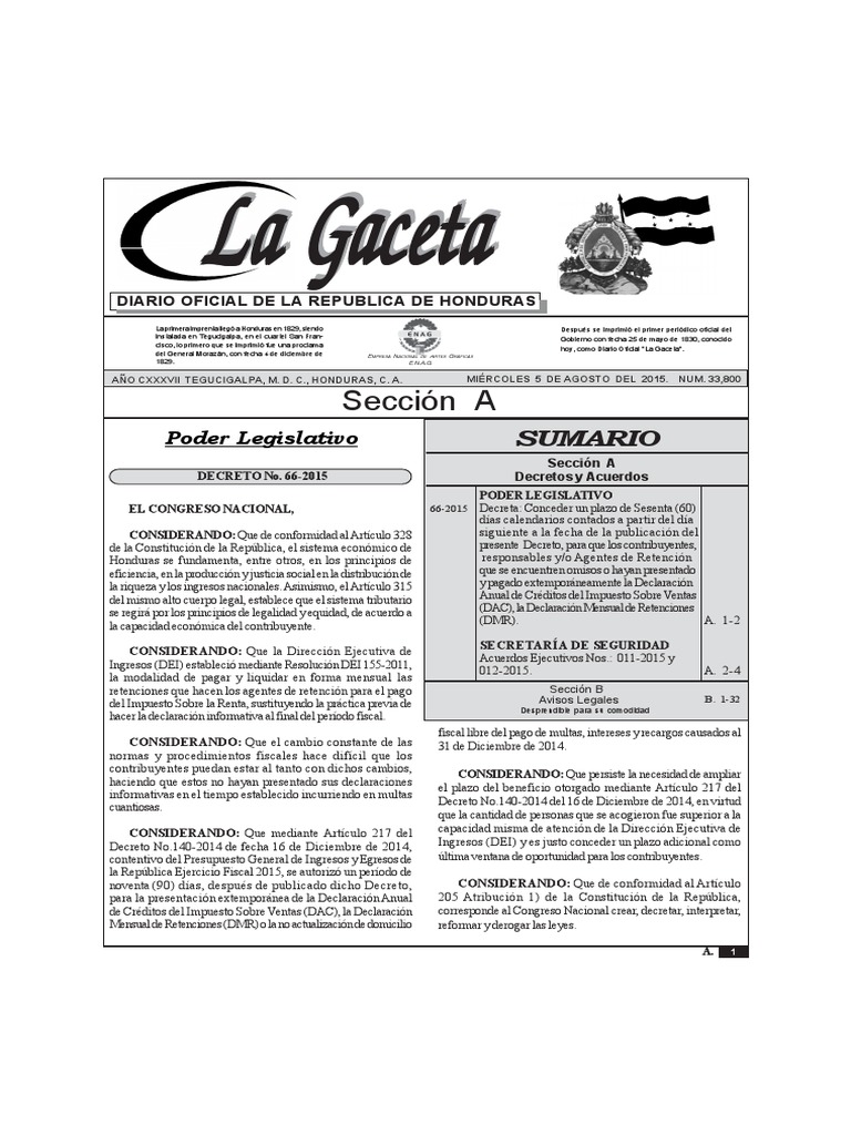Amnistia Decreto 66-2015 Dac y DMR | PDF | Honduras | Gobierno