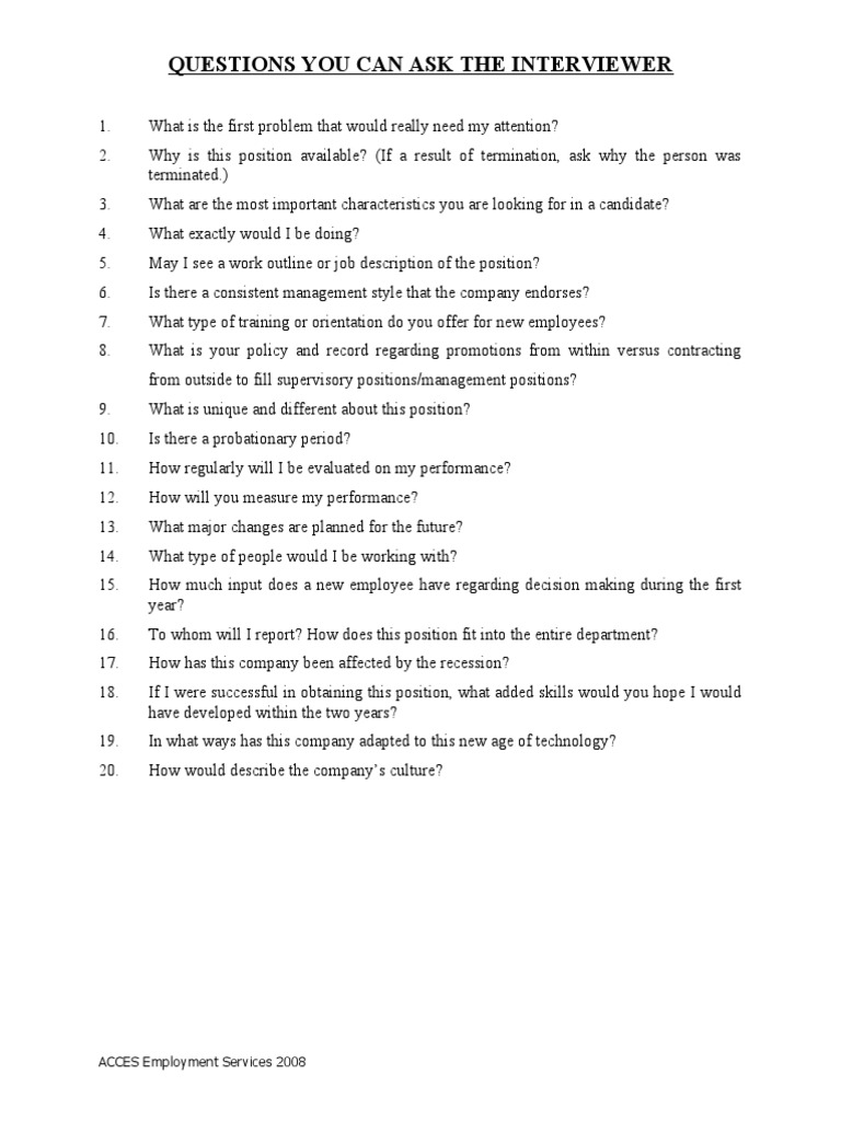 QUESTIONS YOU CAN ASK THE INTERVIEWER Handout | PDF