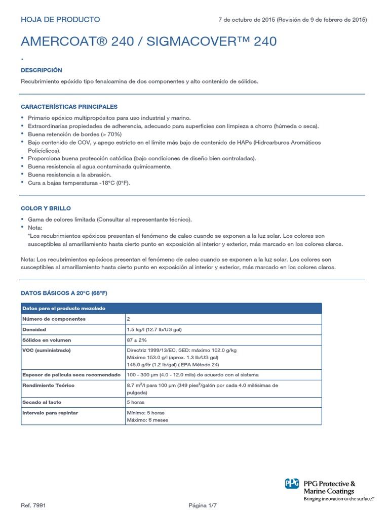 Hoja de producto para el recubrimiento epóxico Amercoat 240/Sigmacover ...
