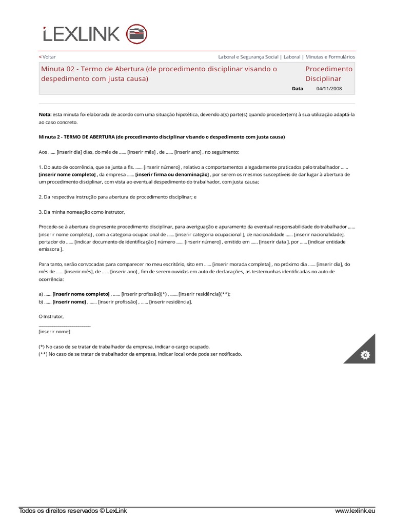 Minuta 02 Termo de Abertura de Procedimento Disciplinar Visando o Despedimento Com Justa Causa ...