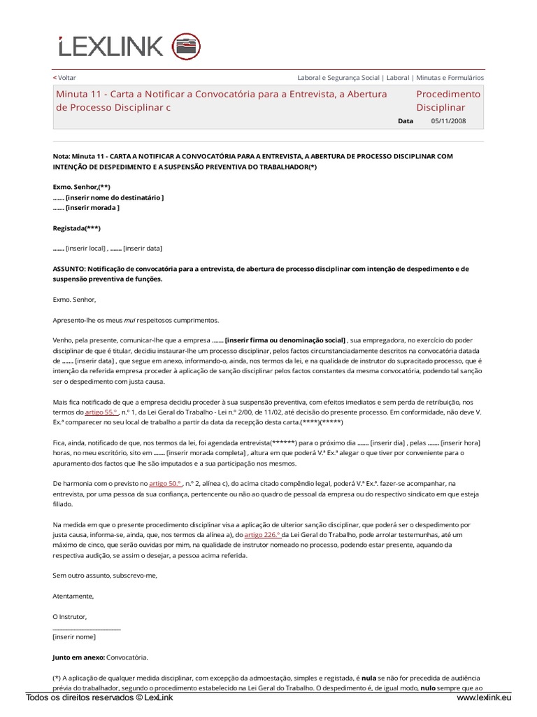 Minuta 11 Carta A Notificar A Convocatoria para A Entrevista A Abertura de Processo Disciplinar ...