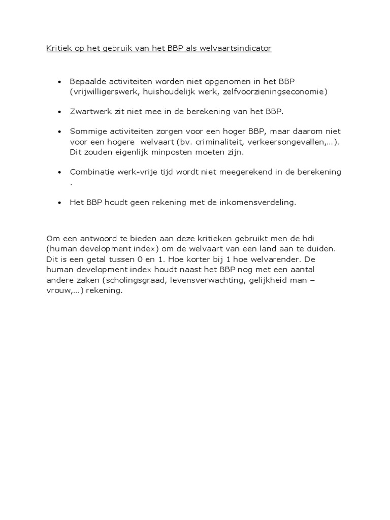 Kritiek Op Het Gebruik Van Het BBP Als Welvaartsindicator | PDF