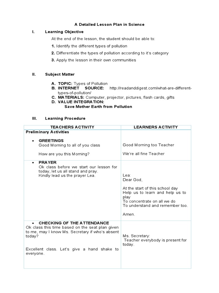 Pdfcoffee Com A Detailed Lesson Plan in Science Pollution PDF Free ...