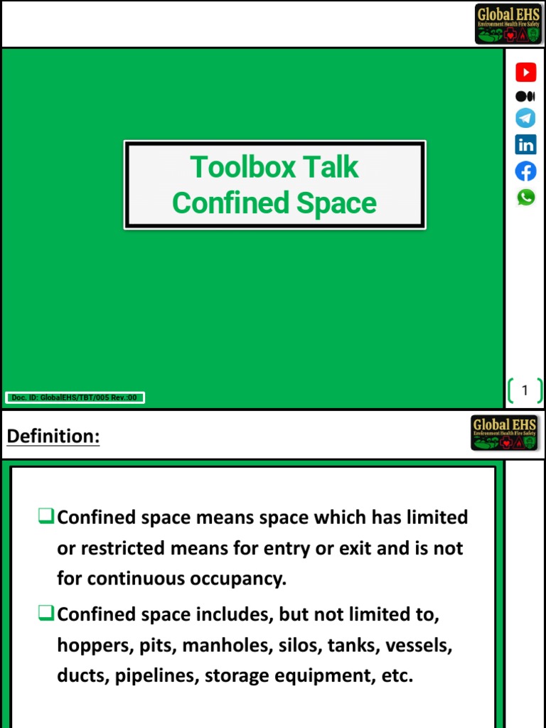 Confined Space Toolbox Talk Global EHS TBT 005 | PDF | Safety | Occupational Safety And Health