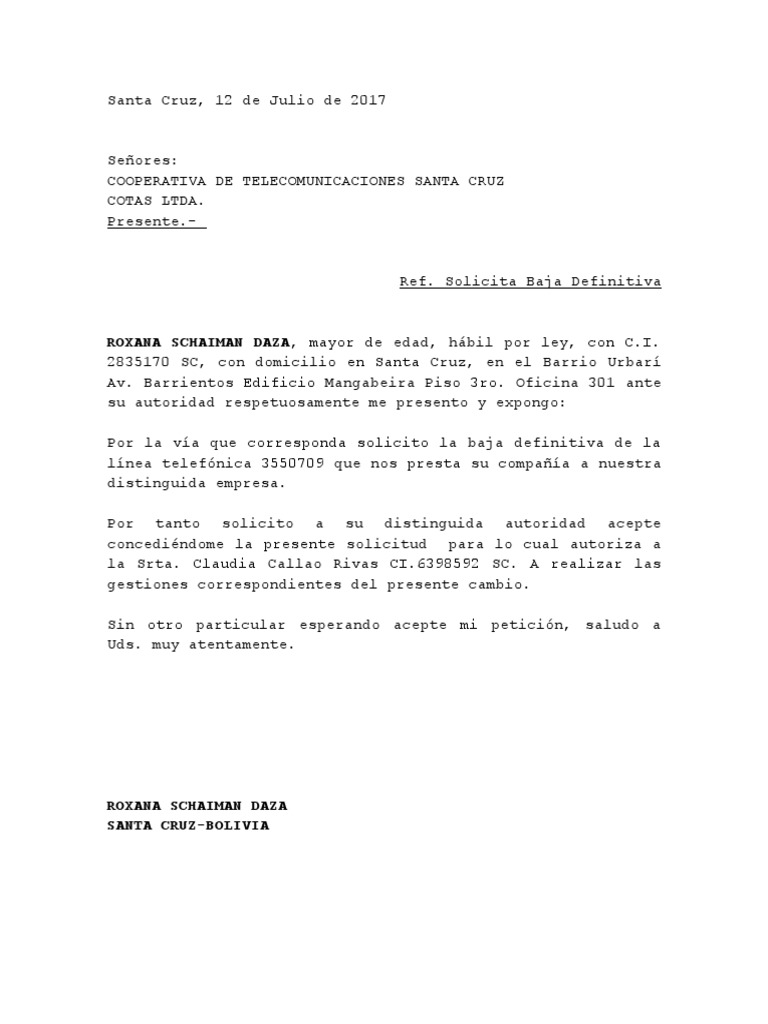 Carta A Cotas Baja Definitiva Linea Telefonica | PDF