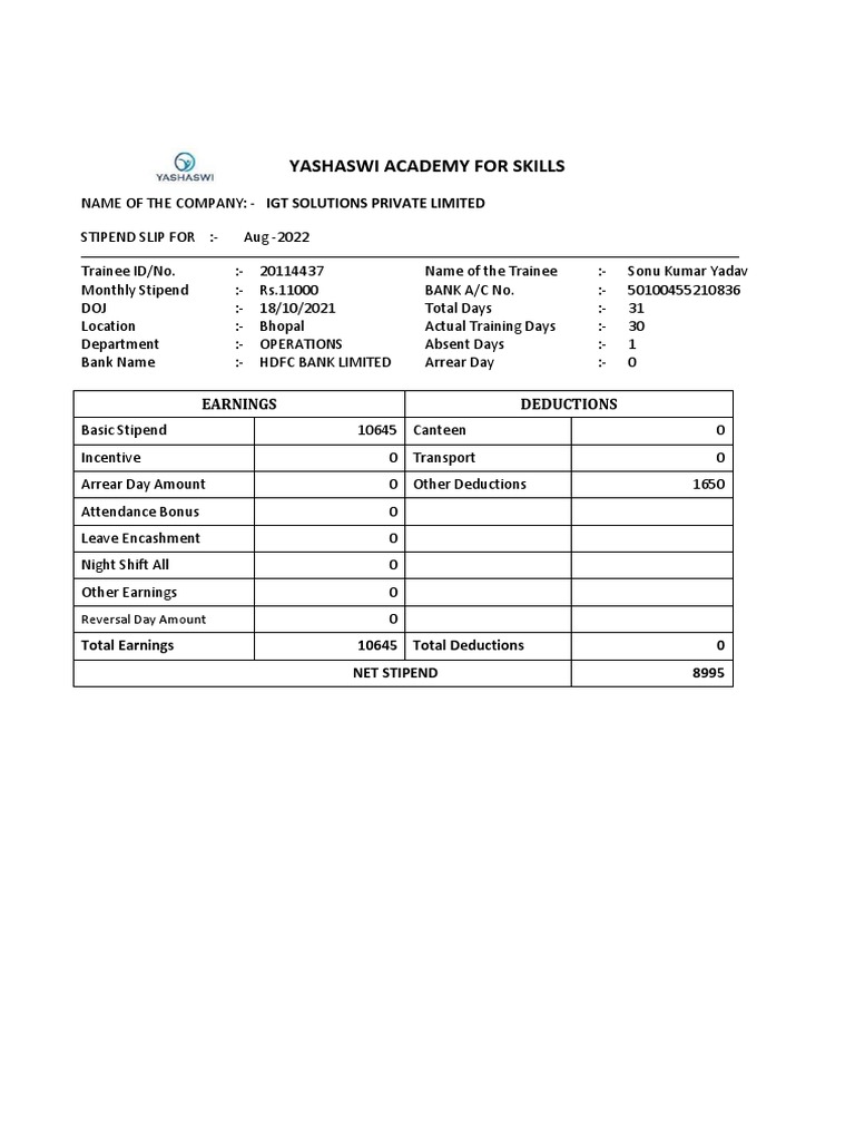 Sonu Kumar Yadav (Aug Payslip | PDF Sonu Kumar Yadav (Aug Payslip | PDF