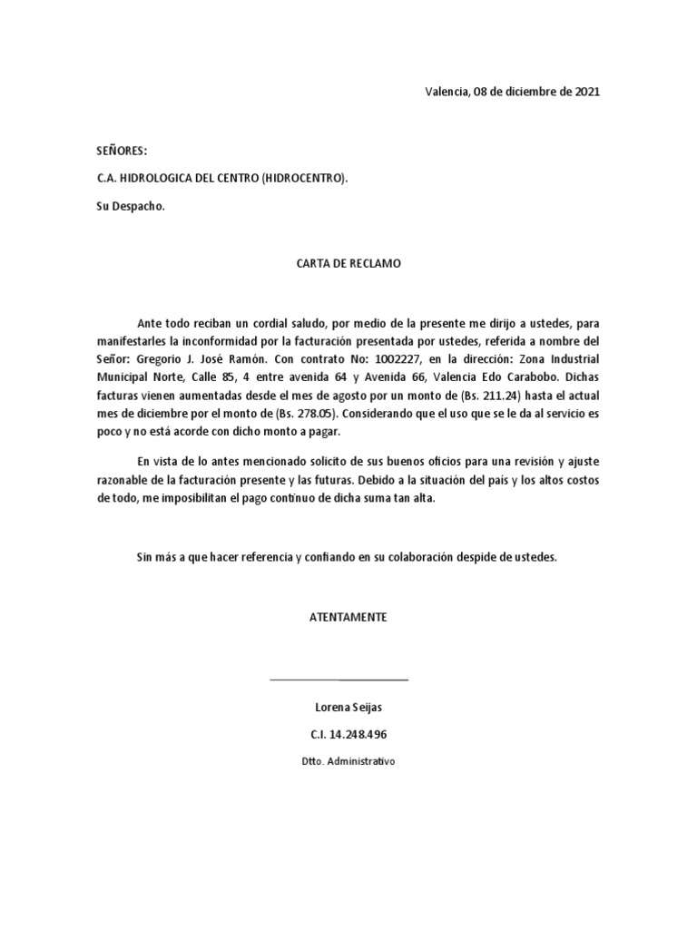Carta Reclamo Hidrocentro Plastic Ledmon | PDF