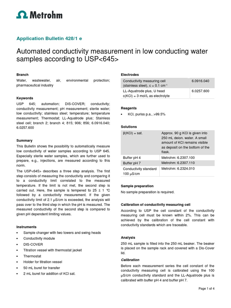 Automated Conductivity Measurement USP 645 | PDF | Ph | Calibration