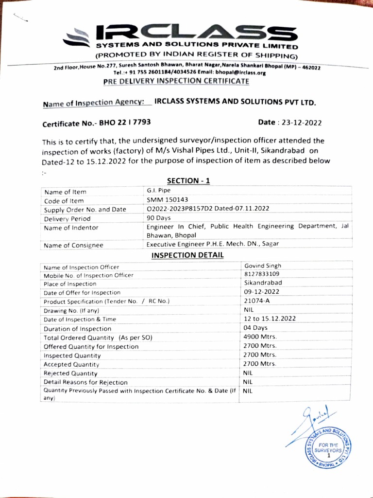 Pre-Delivery Inspection Certificate | PDF | Materials | Building Materials