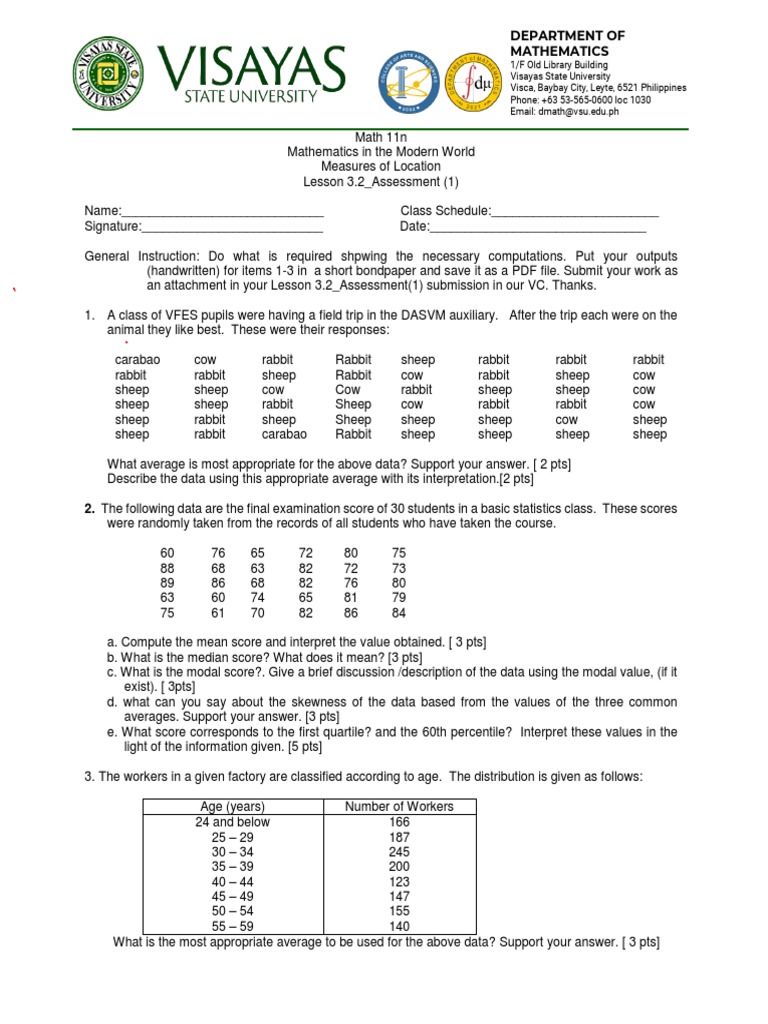 RONGCALES - Math11n - Lesson 3.2 Assessmet (1) - 1sem22-23 | PDF | Mean | Percentile