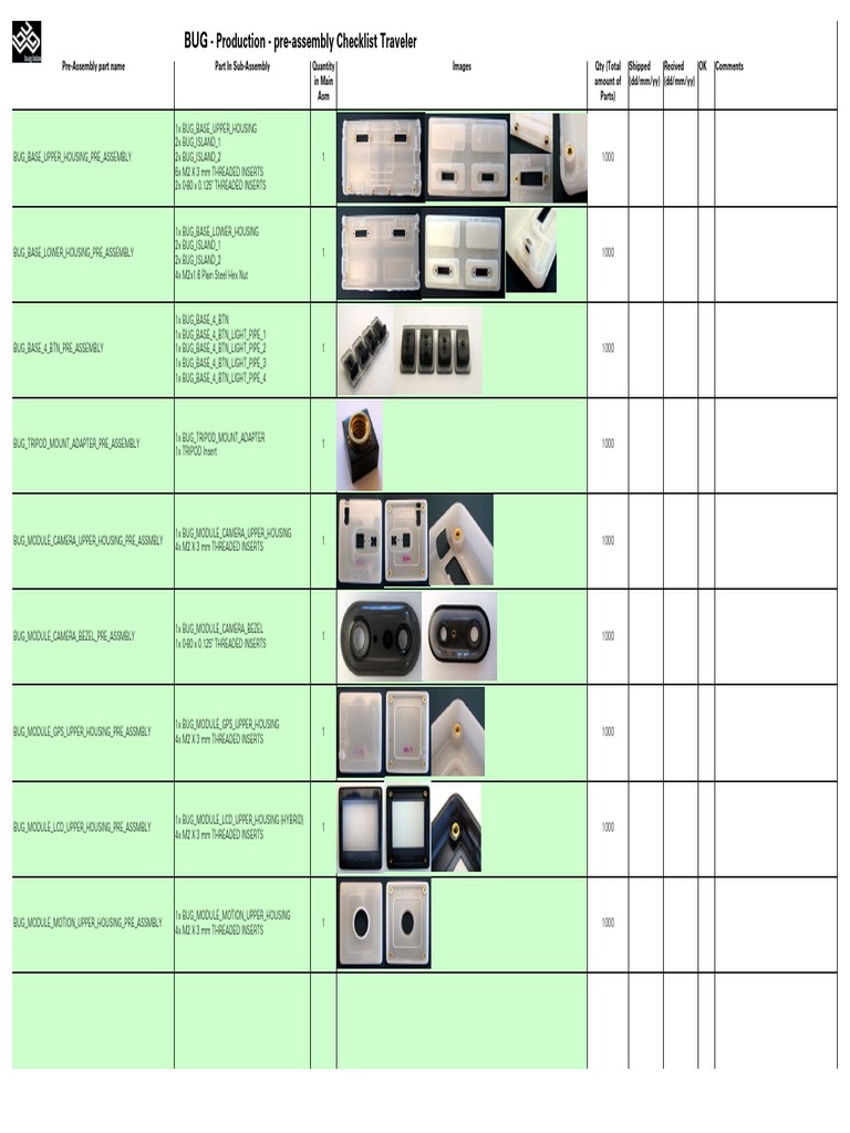 BUG Production Pre-Assembly Checklist Traveler | PDF | Mechanical ...