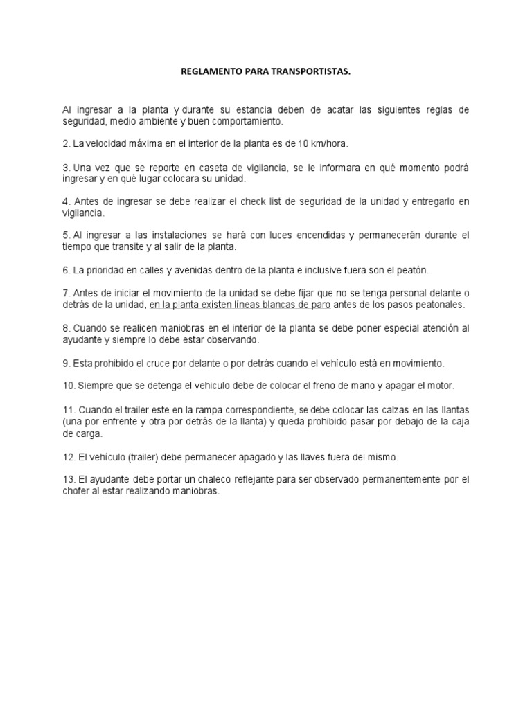 Reglas para Transportistas | PDF