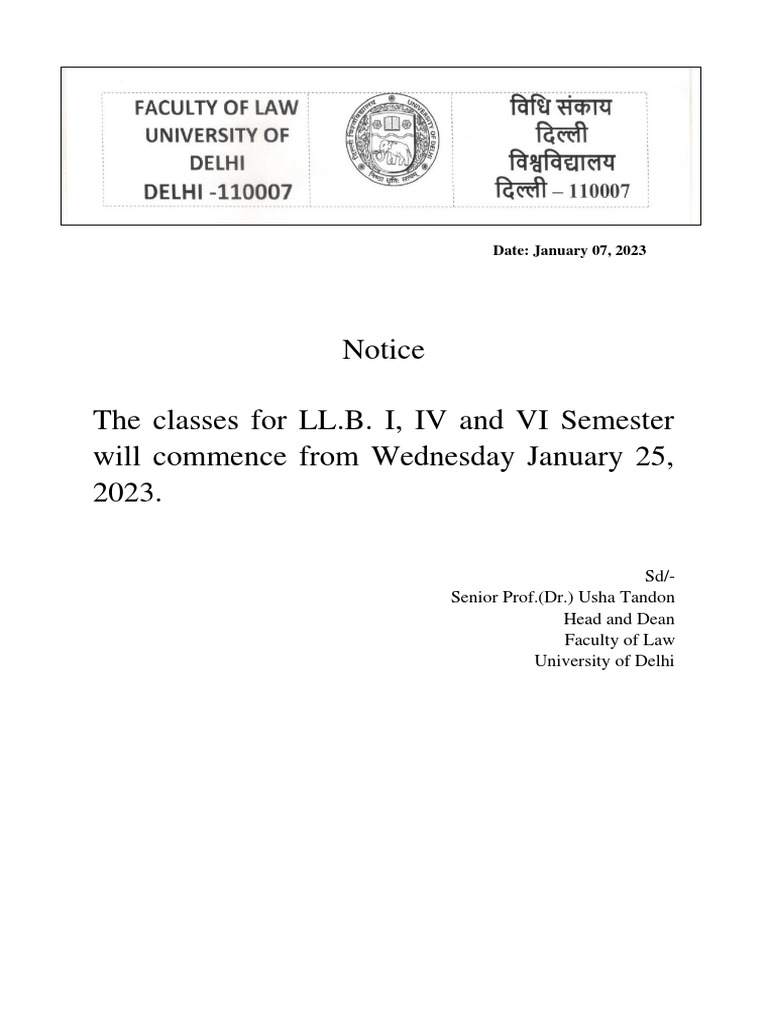 Notice Regarding Commencement of Classes LLB | PDF