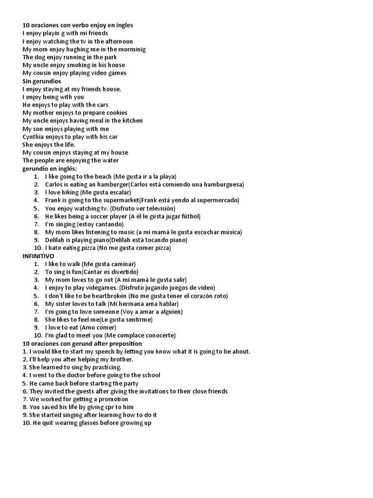 10 Oraciones Con Verbo Enjoy en Ingles | PDF