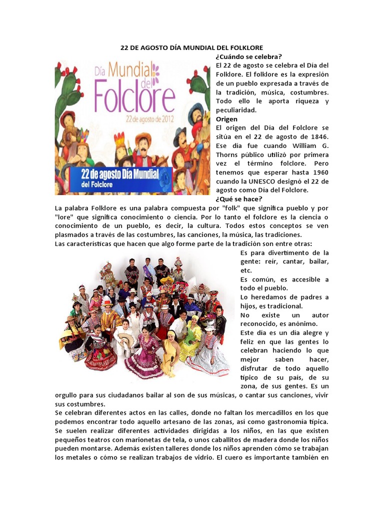 22 de Agosto Día Mundial Del Folklore | PDF | Folklore | Tradiciones