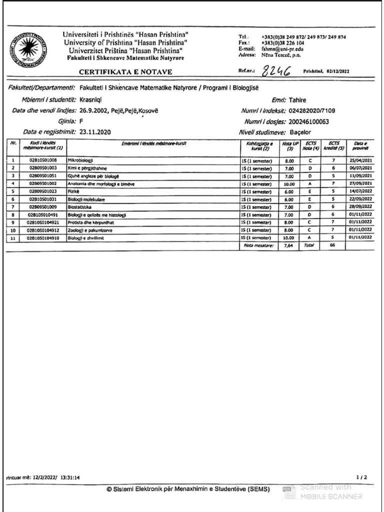 Certifikata e Notave | PDF