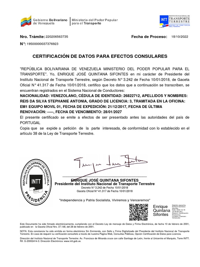 Certificación de Datos Consulares INTt | PDF