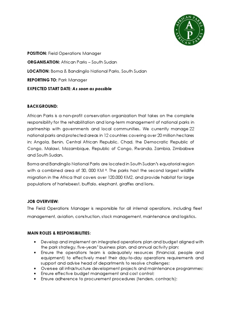 Job Advertisement - Field Operations Manager - V2 | PDF | South Sudan ...