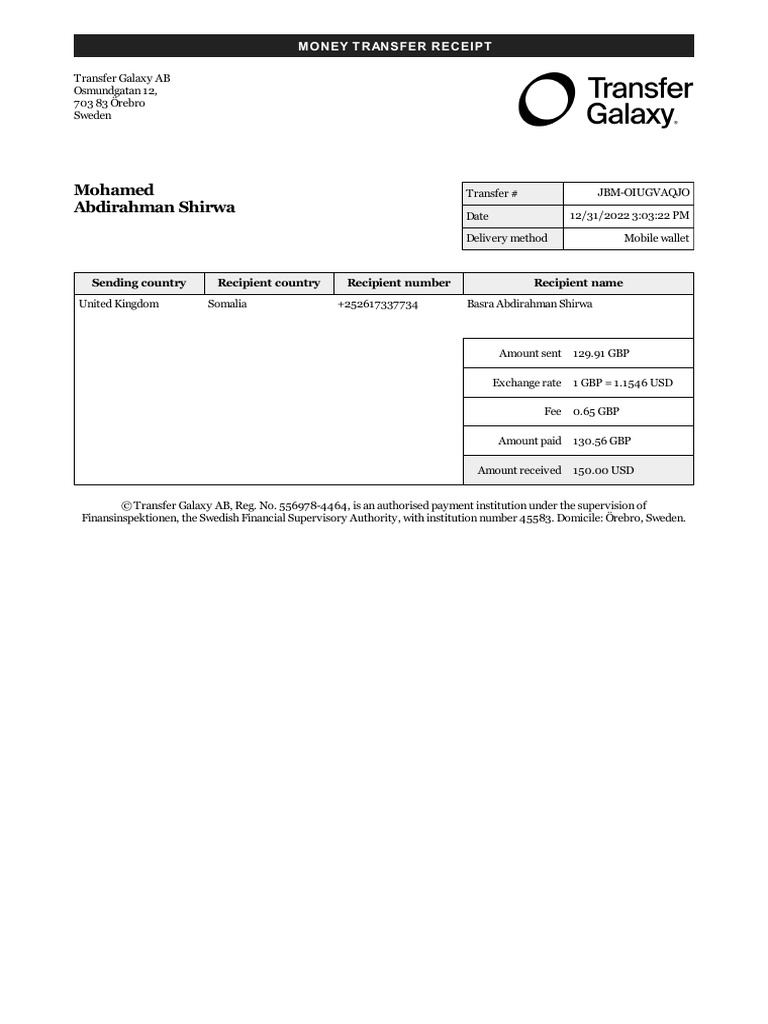 Mobile Wallet Money Transfer Receipt | PDF