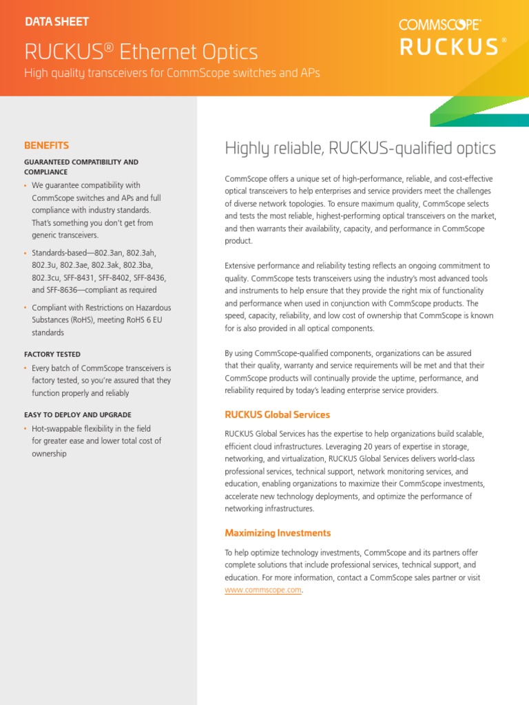 RUCKUS Optics Family Data Sheet | PDF | Communications Protocols | Ethernet