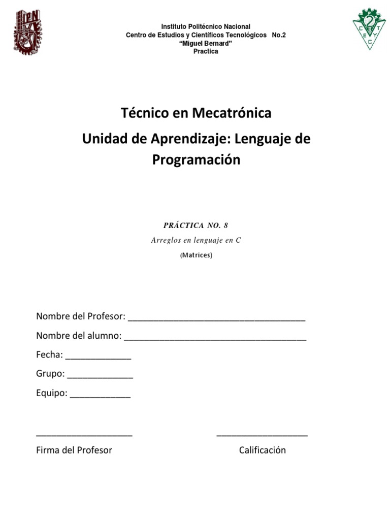 Practica 8 de Lengueje de Programacion | PDF | Matriz (Matemáticas) | Conceptos matemáticos