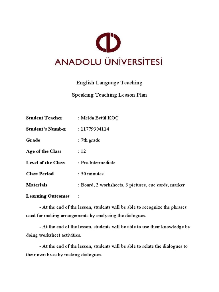 Speaking Ders Plan | PDF | Teachers | Lesson Plan