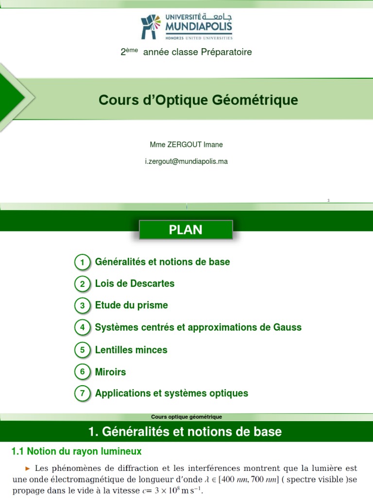 Cours d'Optique Géométrique | PDF | Réfraction | Prisme (optique)