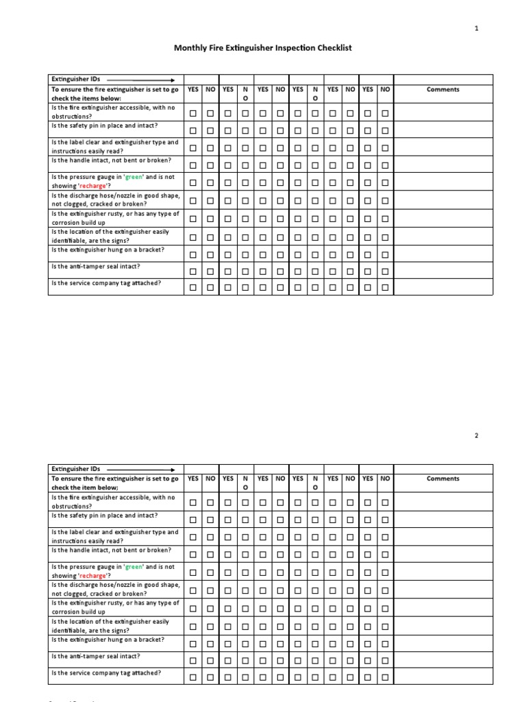Monthly Fire Extinguisher Checklist | PDF | Equipment | Manufactured Goods