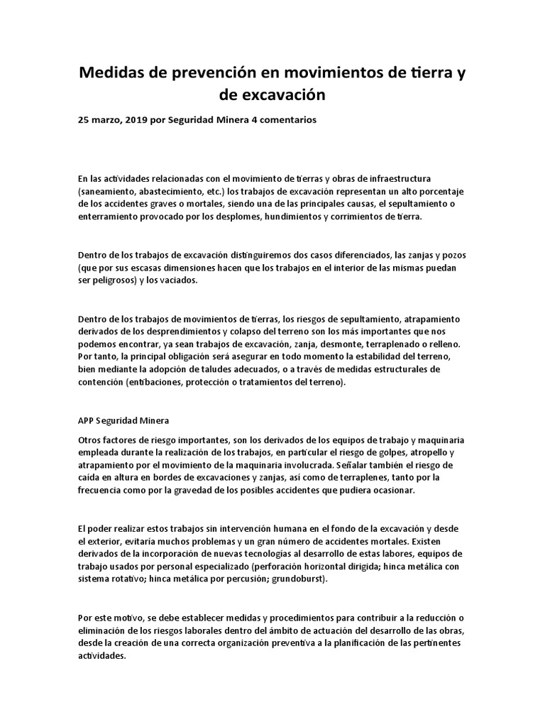 Medidas De Prevención En Movimientos De Tierra Y De Excavación Pdf Agua
