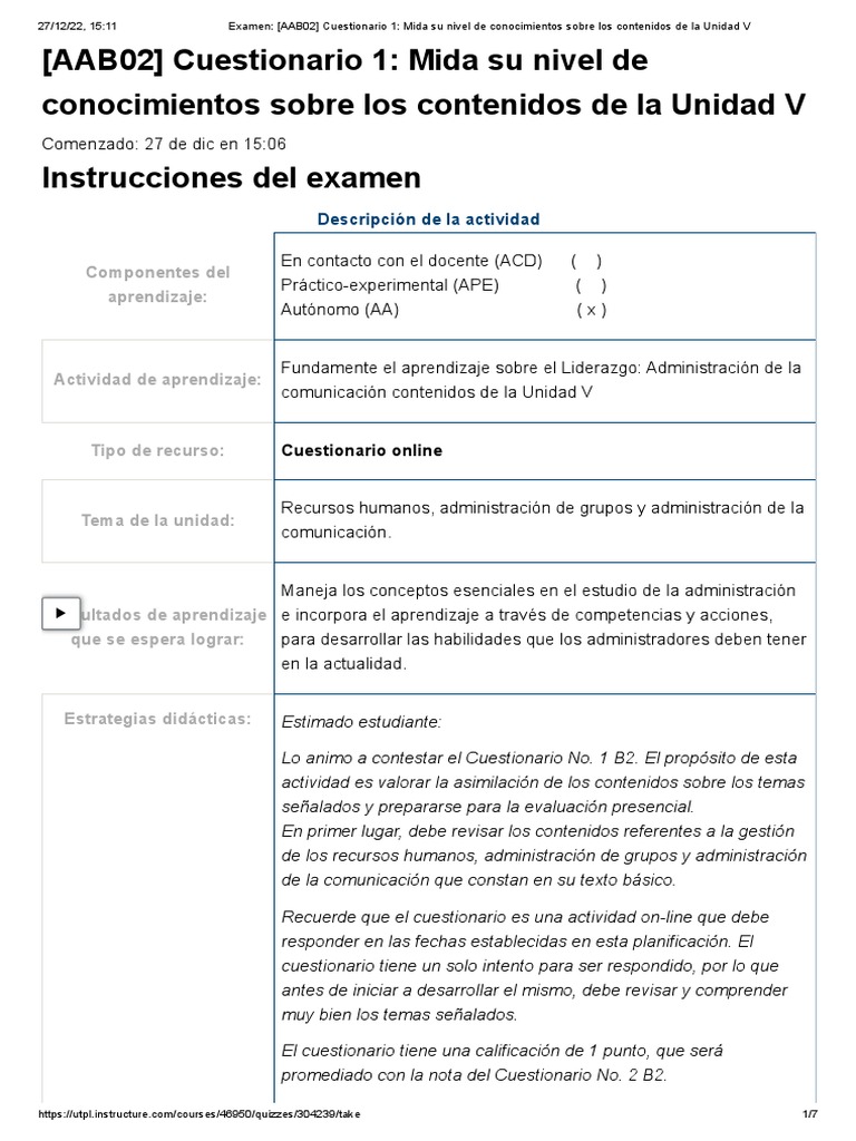 Examen - (AAB02) Cuestionario 1 - Mida Su Nivel de Conocimientos Sobre Los Contenidos de La ...