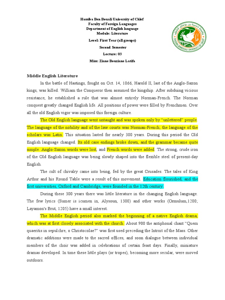 Middle English Literature Lecture | PDF | Le Morte D'arthur | The ...