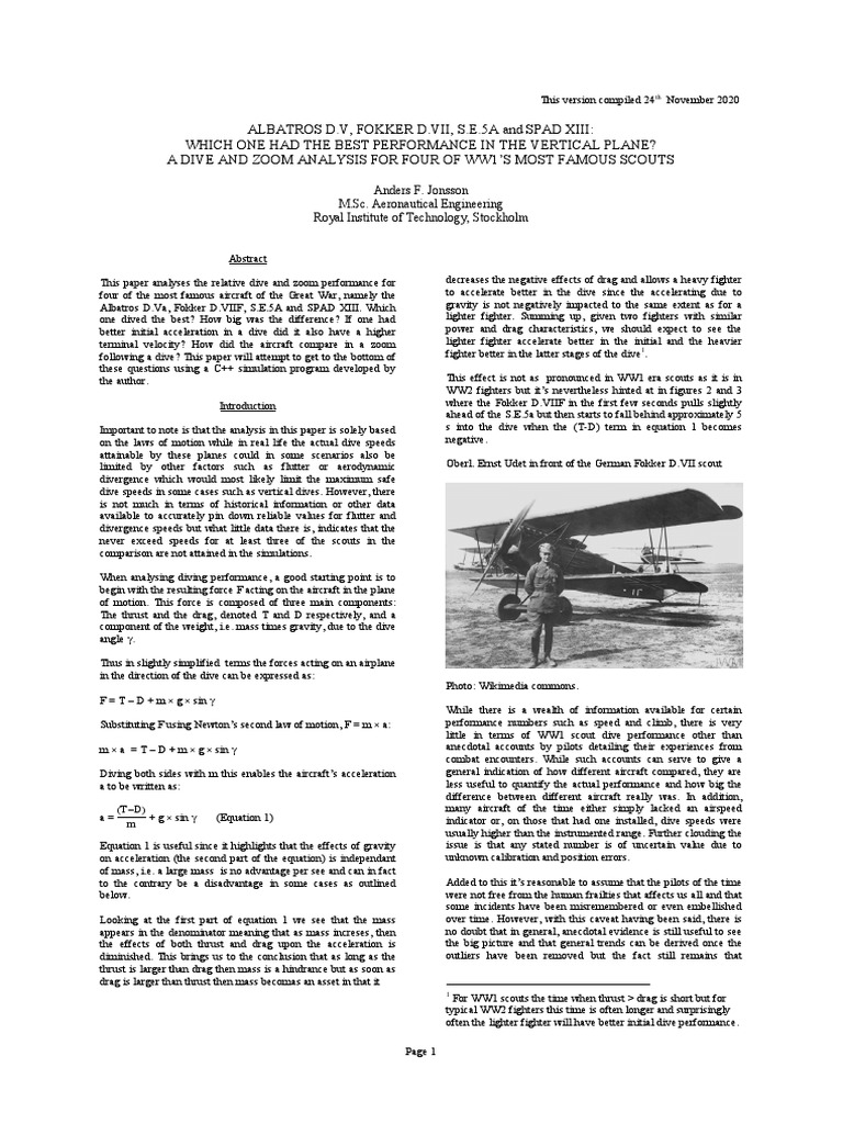 WW1 Scout Aircraft Dive Performance Analysis | PDF | Biplane | Drag ...