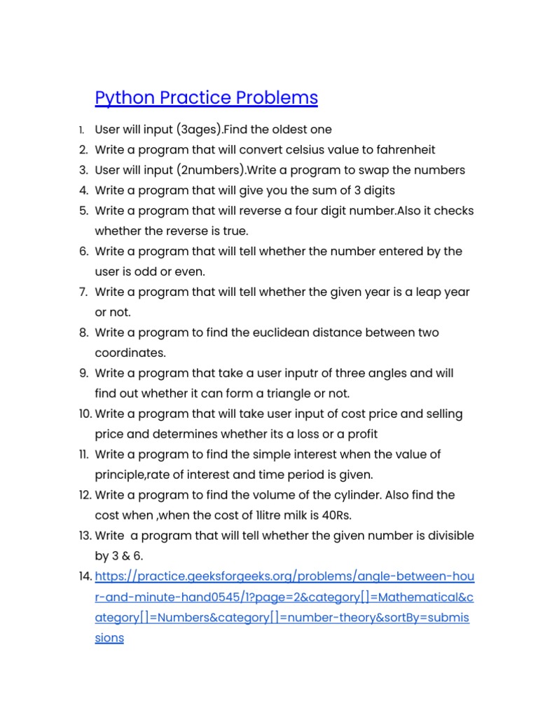 100 Python Practice Problems | PDF | Numbers | String (Computer Science)